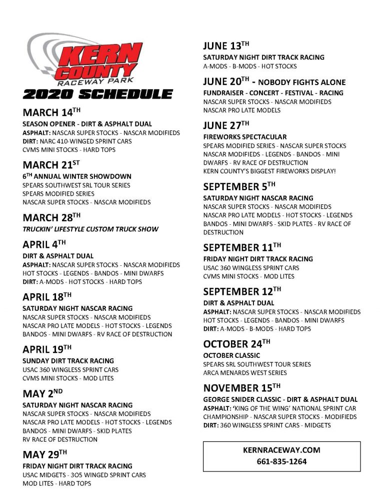 KERN COUNTY RACEWAY 2020 SCHEDULE – Kevin Harvick's Kern Raceway