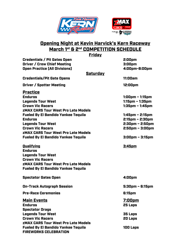 March 2nd Competition Schedule – Kevin Harvick's Kern Raceway