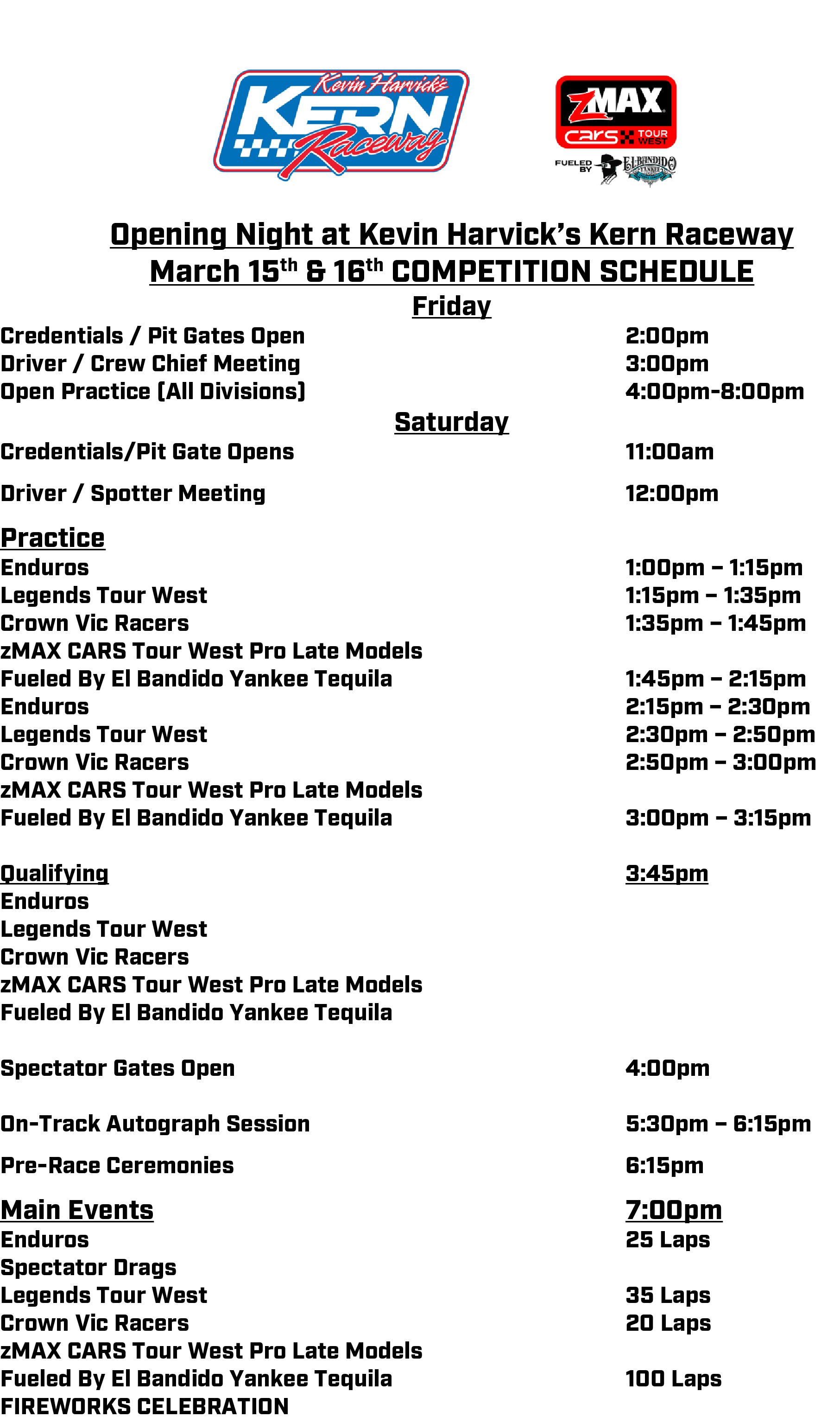Competition Schedule for March 15th & 16th – Kevin Harvick's Kern Raceway