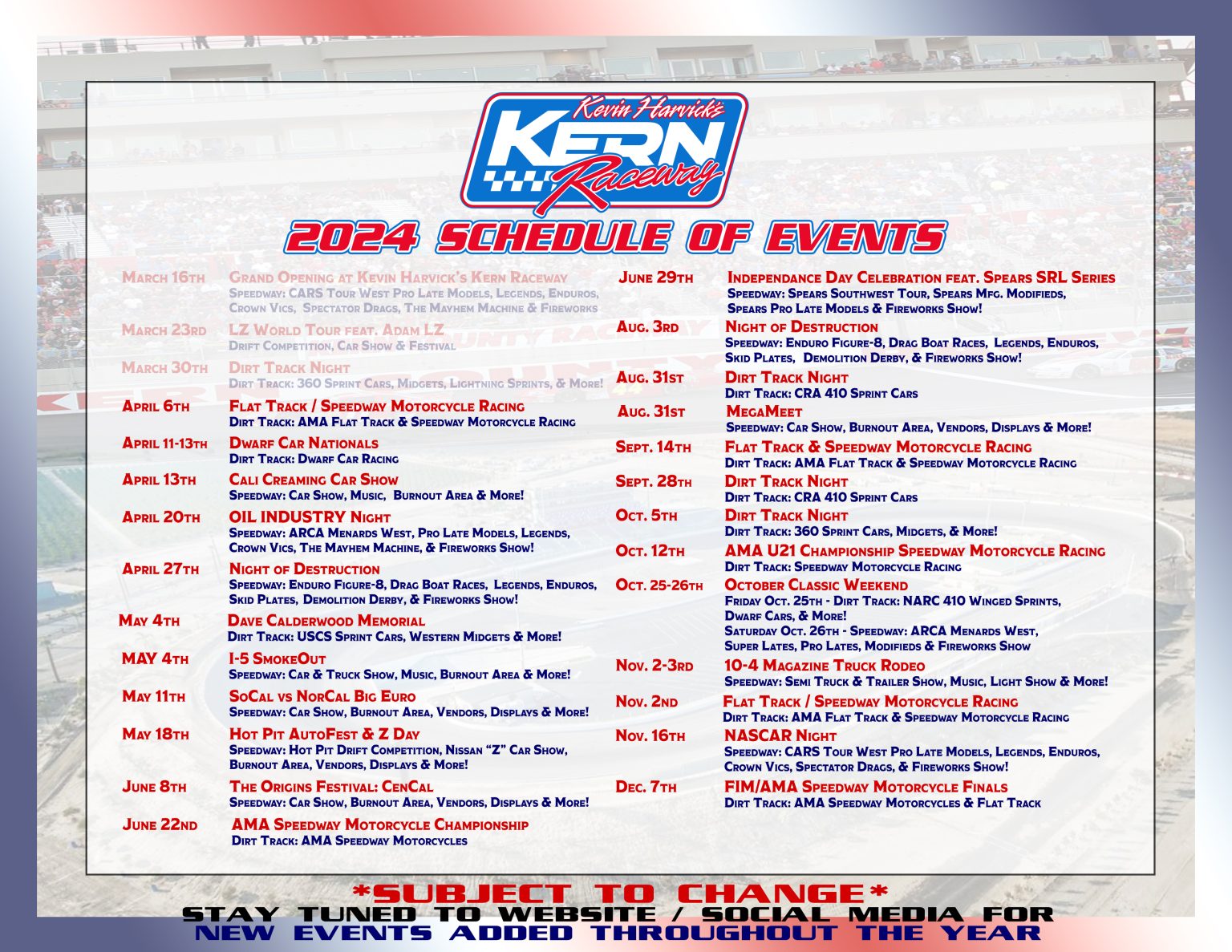 2024 SCHEDULE OF EVENTS – Kevin Harvick's Kern Raceway